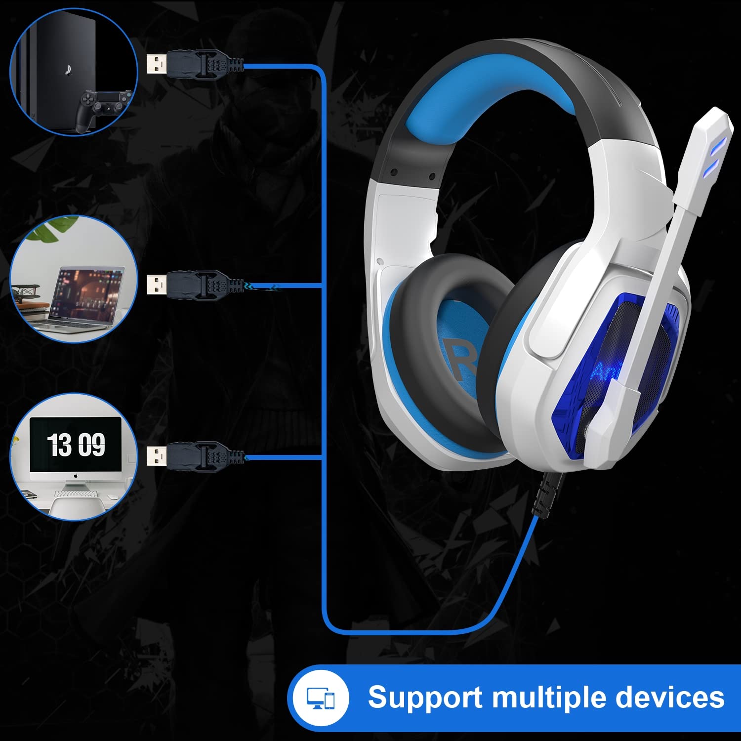Emonoo USB Gaming Headset for PC/MAC/PS4/PS5, 7.1 Surround Sound Wired Headphone with Adjustable Active Noise Cancelling Mic, White & Blue LED Light