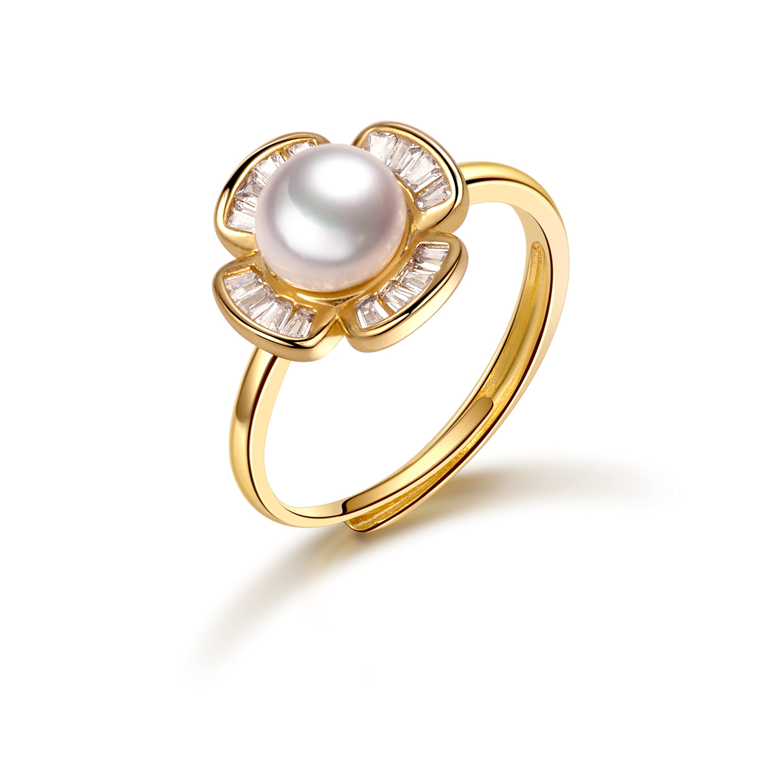 Cowlyn Pearl Rings Open Adjustable Four Leaf Clover Flower Cultured Pearls Cubic Zirconia Statement Handmade Anniversary Jewelry Gift for Women