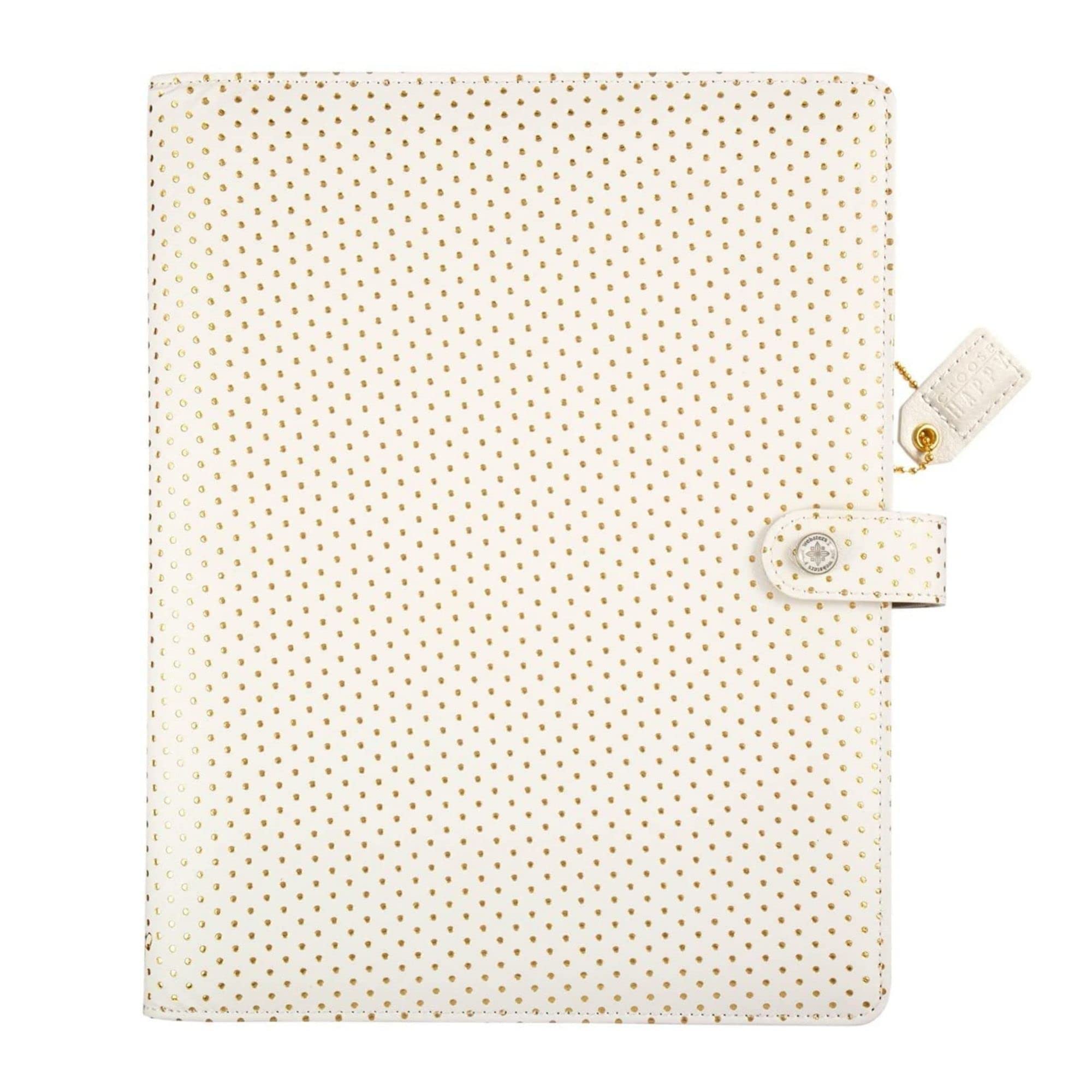 Business PU Leather Portfolio Binder by Webster's Pages, Padfolio for Women with Composition Notebook - White, Gold Polka Dot 8.25 X 10.75”