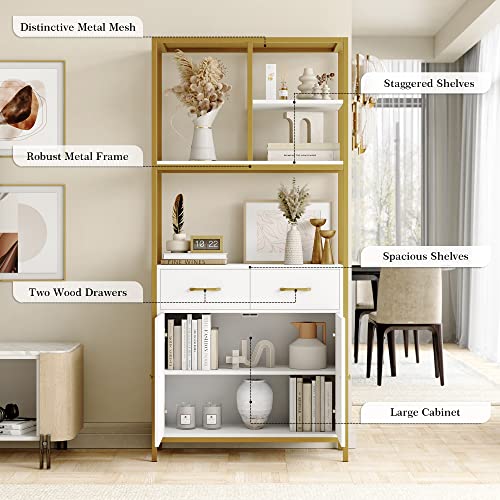 HITHOS 71" Tall Bookshelf, Modern White and Gold Bookcase, Book Shelves with Drawers and Storage Cabinet, Metal Etagere Bookcase Display Shelves for Home Office, Gold/White