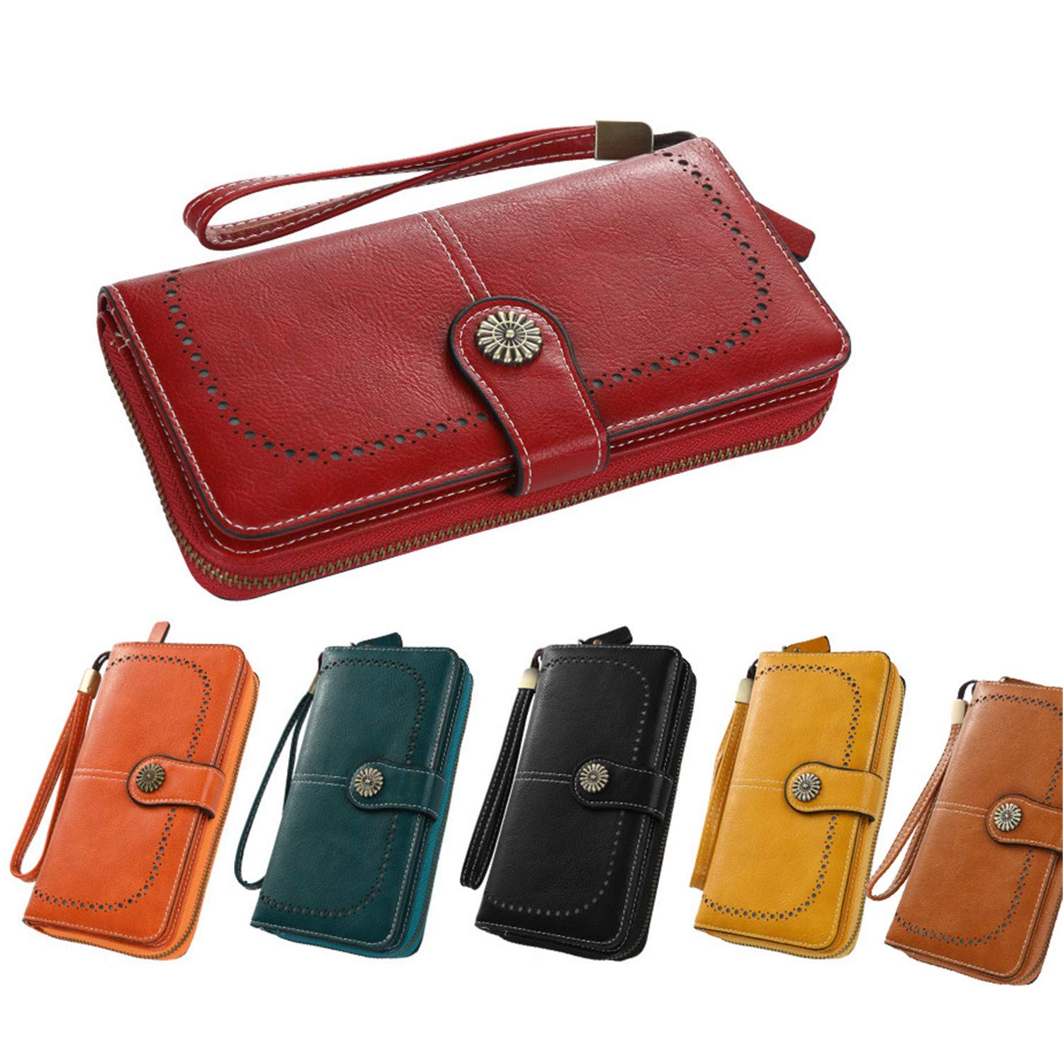 Women's RFID Blocking Large Capacity Leather Clutch Card Holder Organizer Ladies Wallet Long Wallets for Women with Wristle (Brown)