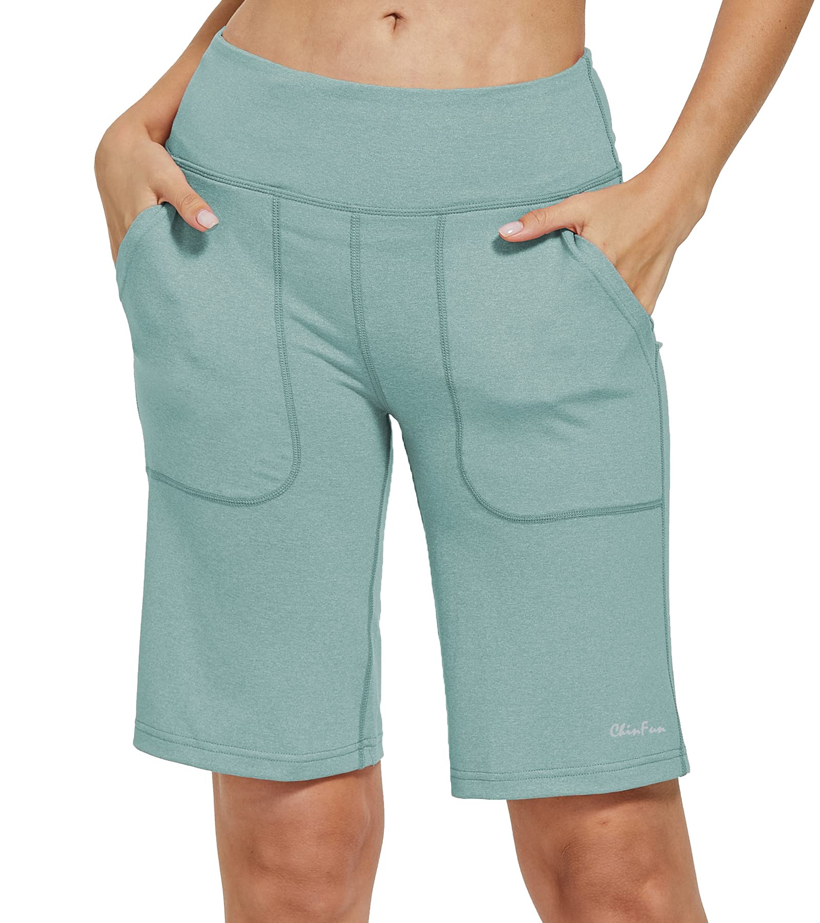 ChinFun Women's 10" High Waist Yoga Shorts Bermuda Shorts Athletic RunningWorkout Lounge Shorts with Deep PocketsLight Heather Blue XL