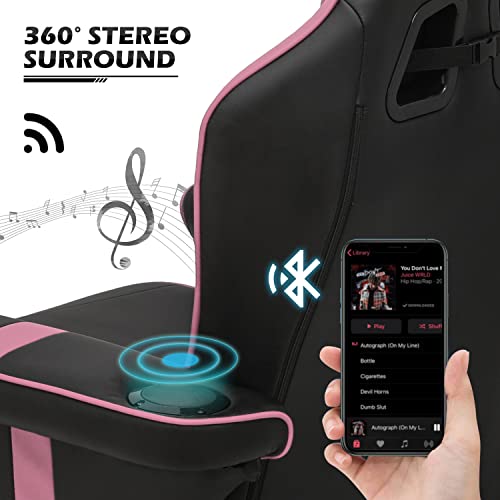 MoNiBloom Massage Gaming Recliner Chair with 2 Speakers Ergonomic Game Chair Neck Support and Widened Armrests with Built-in Cup Holders, Tilt & Swivel Comfortable Gaming Chair with Storage Bag, Pink