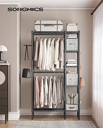 SONGMICS Garment Rack Heavy Duty Clothes Rack, Freestanding Portable Wardrobe Closet for Hanging Clothes with 2 Storage Boxes, 8 Hooks, Adjustable Wire Shelves, 2 Hanging Rods, Black ULGR422B01