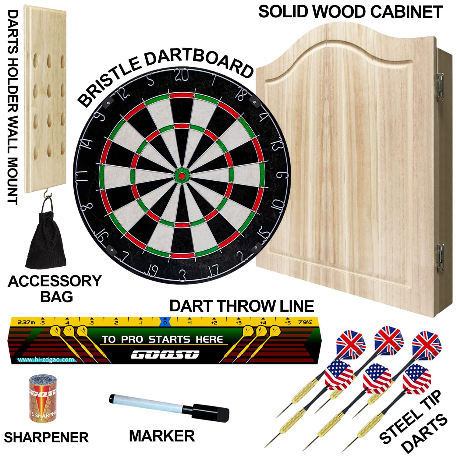 Dart Board Cabinet Set with 18 Inch Bristle Dartboard, Darts Holder Wall Mounted, Darts Throw Line, and Ready-to-Play Bundle with Steel Tip Darts Set