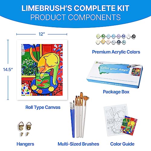 Limebrush DIY Paint by Numbers for Adults Beginner Set - Creative 12"x14.5" Unframed Rolled Canvas Adult Paint by Number Kit with Reusable Brushes, Acrylic Paints β The Cat with Red Fish