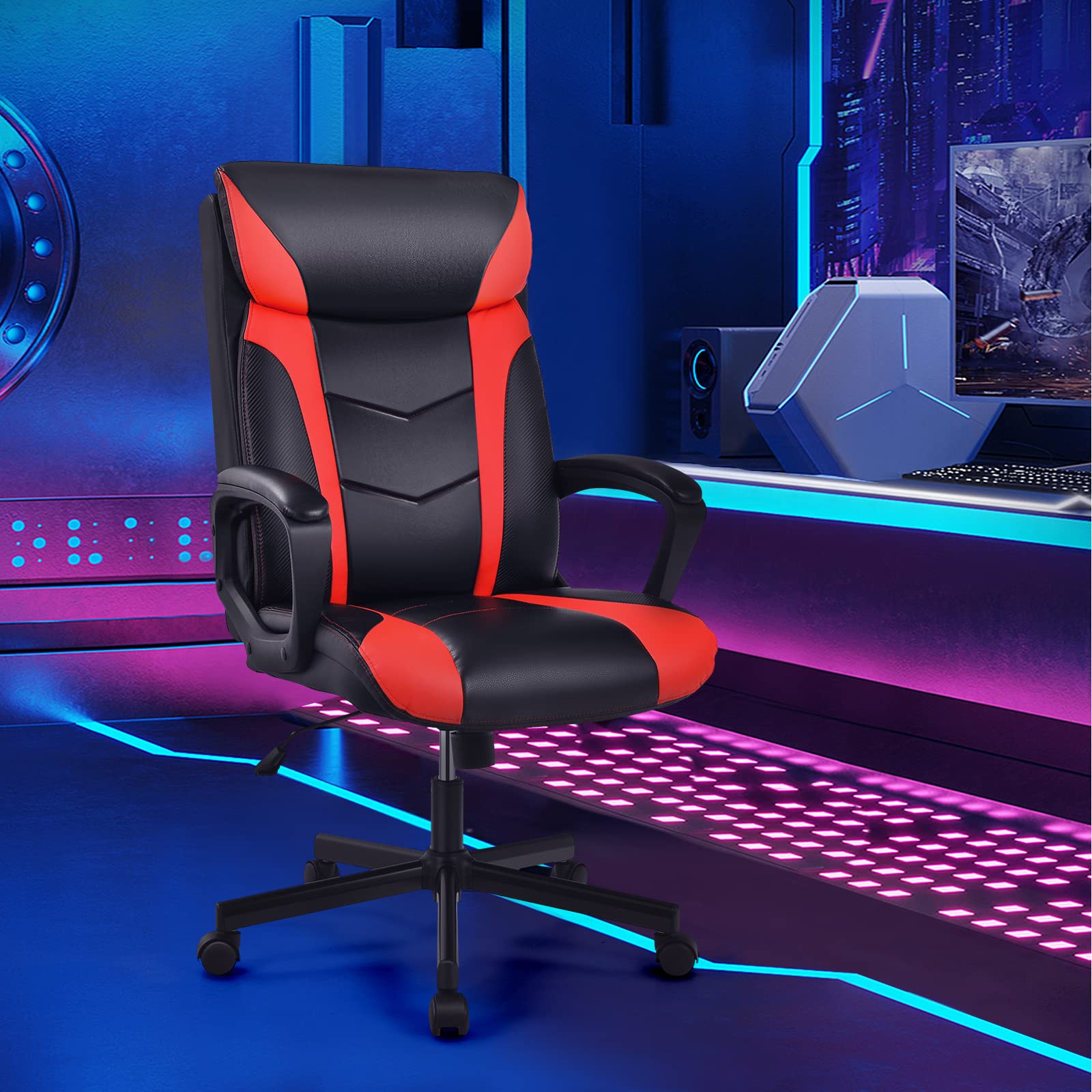 COSTWAY PU Leather Office Chair, Racing Style High Back Swivel Chair with Height Adjustable, Padded Headrest and Armrests, Ergonomic Computer Desk Executive Chair for Working Studying Gaming (Red)