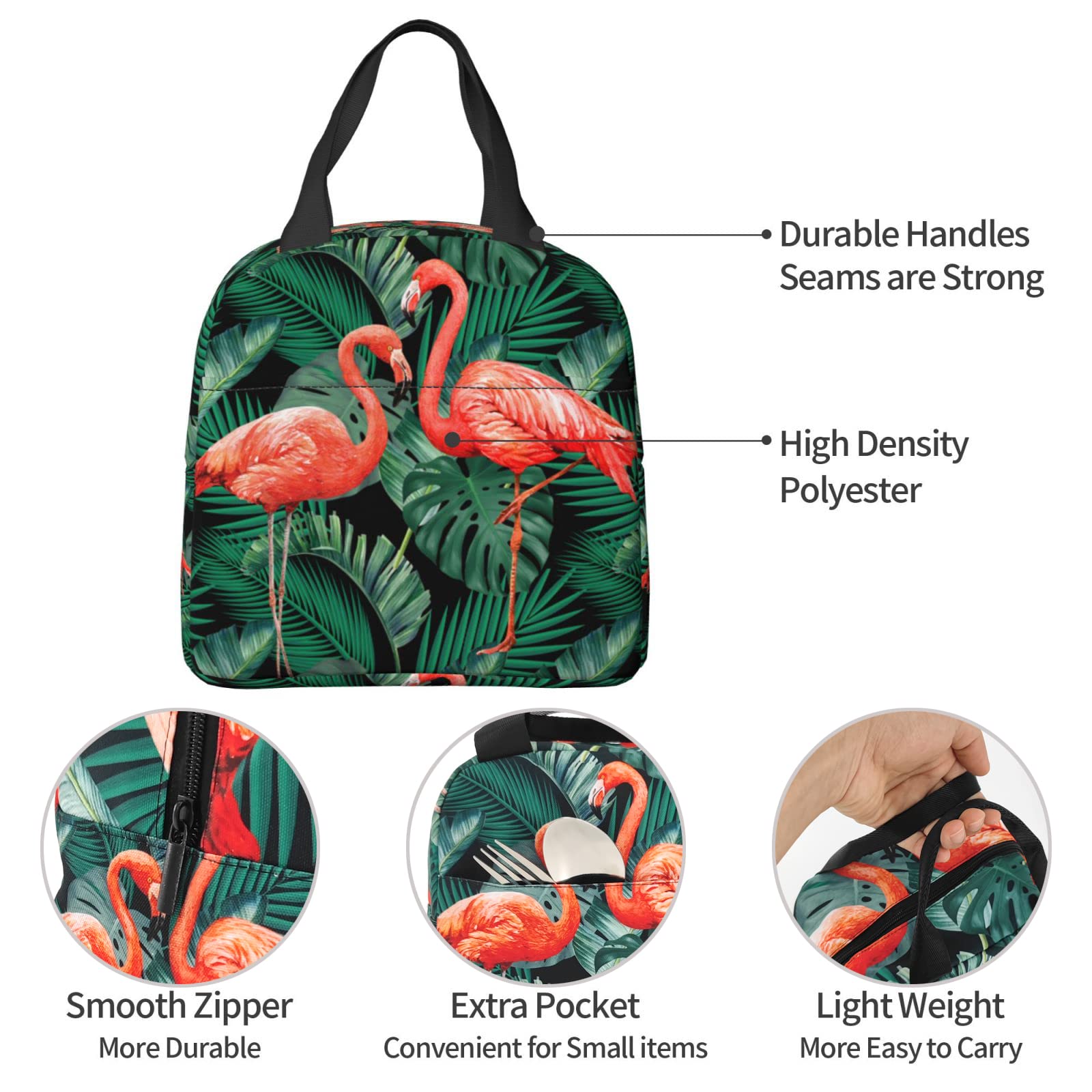 Docsckus Insulated Lunch Bag Water-resistant Cooler Tote Box with Zipper for Women Work Picnic Travel Pink Flamingo Palm
