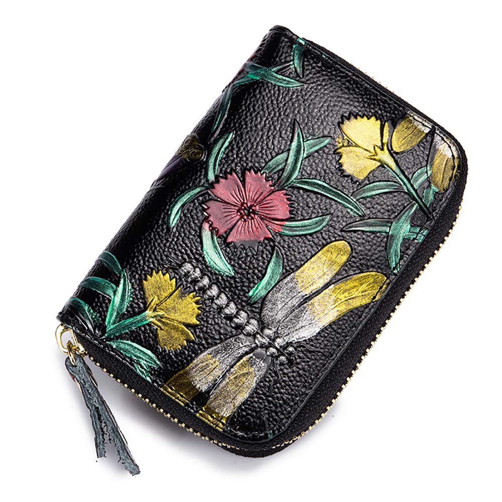 Womens Walllet RFID Blocking Leather Credit Card Wallet Flower Retro Coin Purse Zipper Pockets Card Case Holder (Dragonfly,One Size)