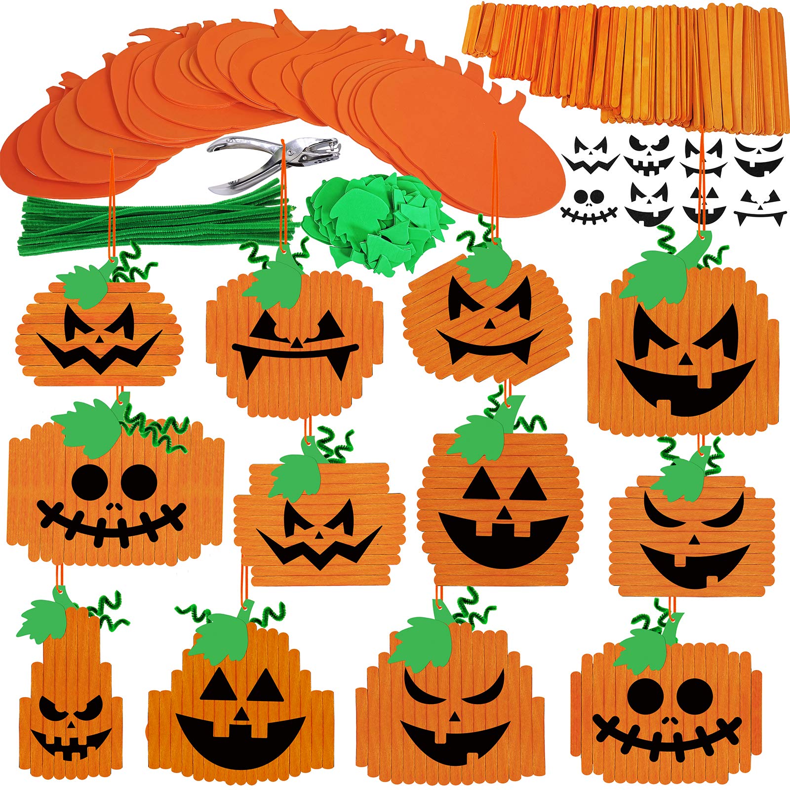 Winlyn 24 Sets Pumpkin Crafts Kits Halloween Crafts Fall Kids Crafts DIY Pumpkin Ornaments Decorations Art Sets Craft Sticks Pumpkin Foam Stickers Arts and Crafts for Kids School Classroom Activity