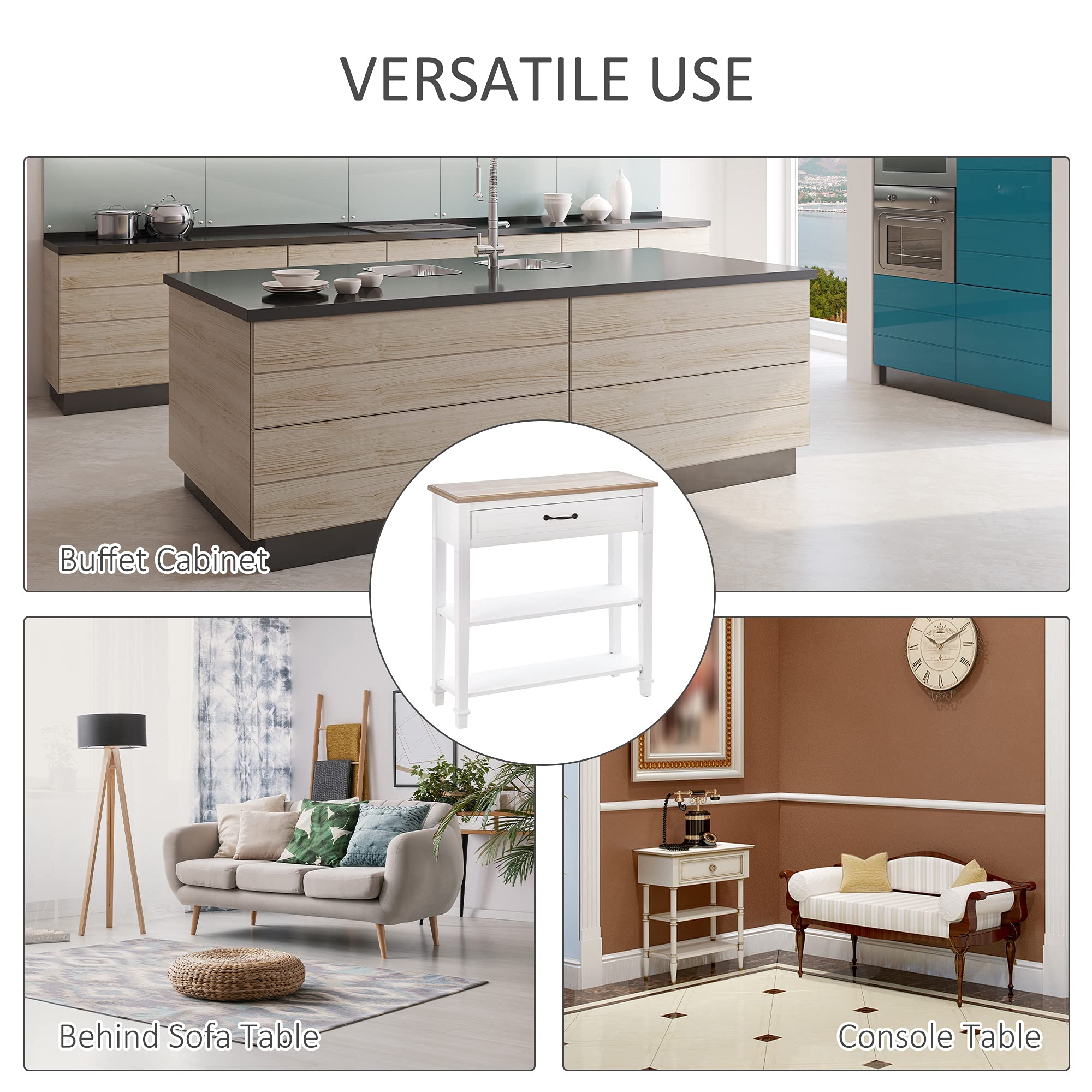 HOMCOM Modern Style Sofa Console Entry Hallway Table with Drawer and Shelves, Sturdy Build, and Large Storage, White