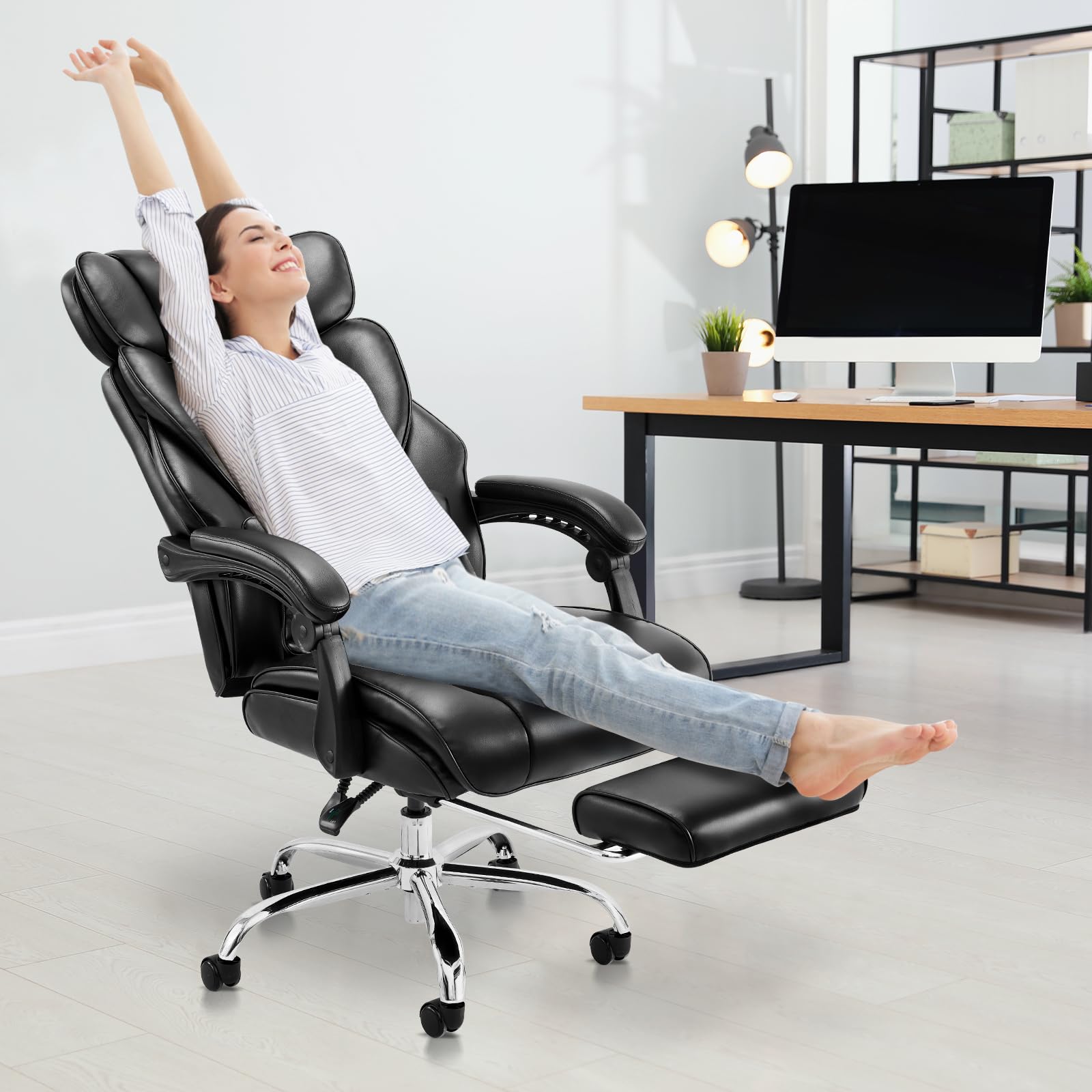 COLAMY Office Chair with Footrest-Ergonomic High Back Design Executive Computer Desk Chair with Removable Lumbar Pillow, 90-135°Reclining, Thick Bonded Leather for Home Office Work Comfort, Pink