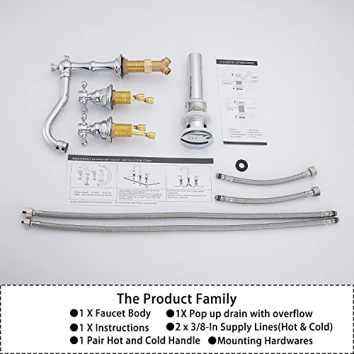 GGStudy Two Handles 3 Holes 8-16 inch Widespread Bathroom Sink Faucet Chrome Basin Mixer Tap