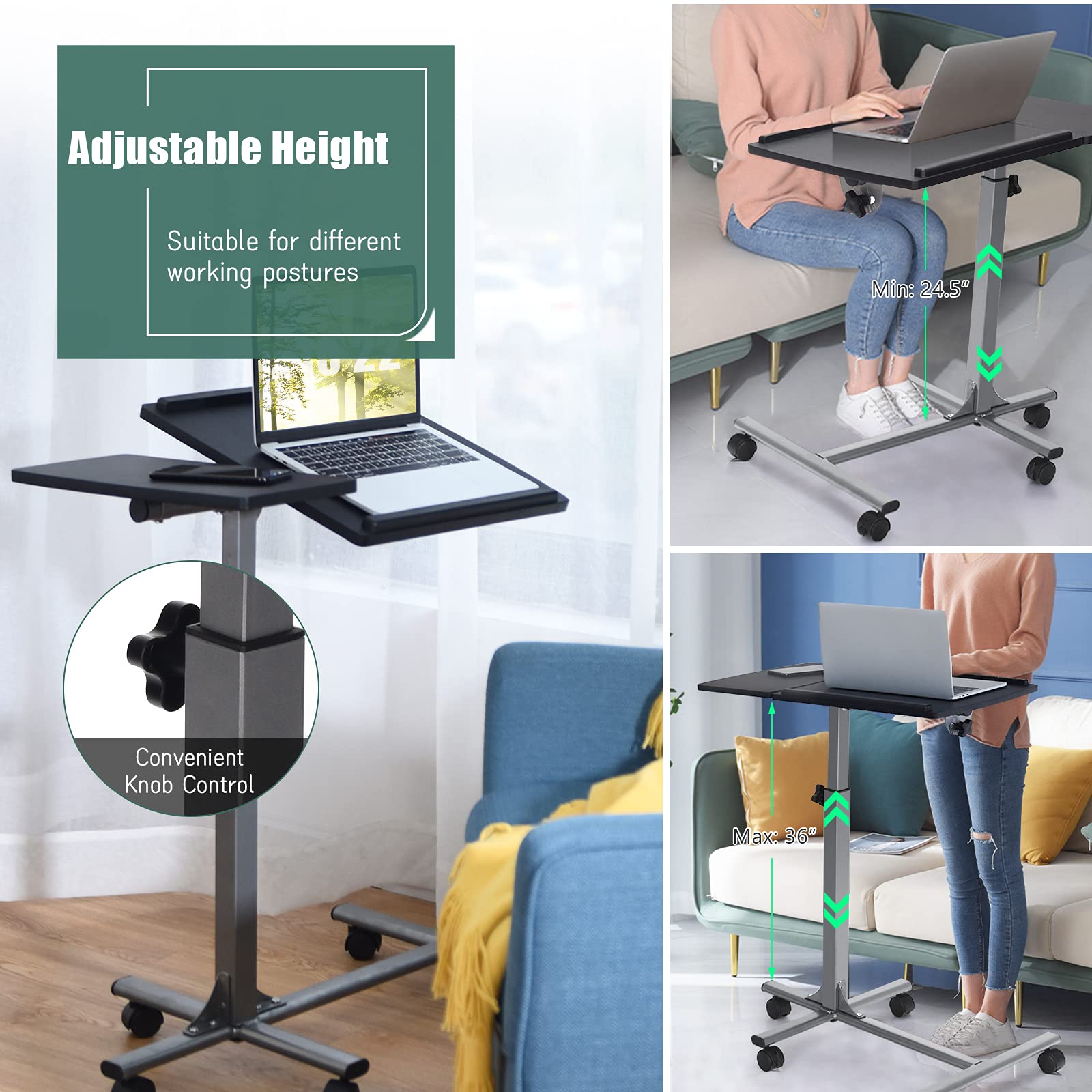 COSTWAY Rolling Laptop Stand, Mobile Laptop Tray and Cart with 45 °Degree Swivel Tilting Tabletop, Height Adjustable Mobile Podium from 24.5'' to 36'', Overbed Computer Workstation Table for Sofa, Bed