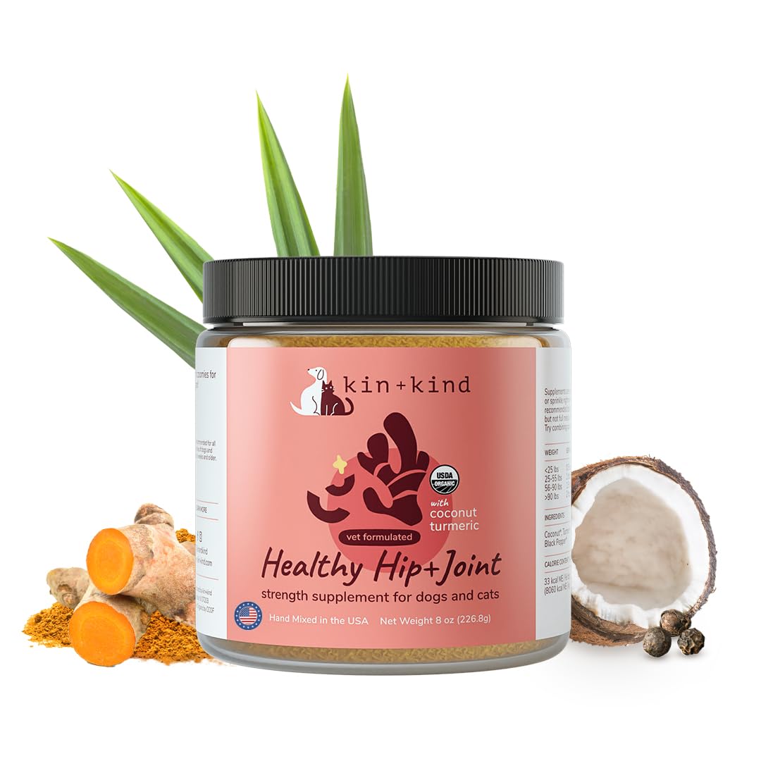 kin+kind Hip+Joint Supplement Dogs & Cats - Organic Healthy Hip+Joint Supplement - Vet Formulated Natural Formula with Organic Turmeric, Black Pepper and Coconut- Large 8oz - Made in USA