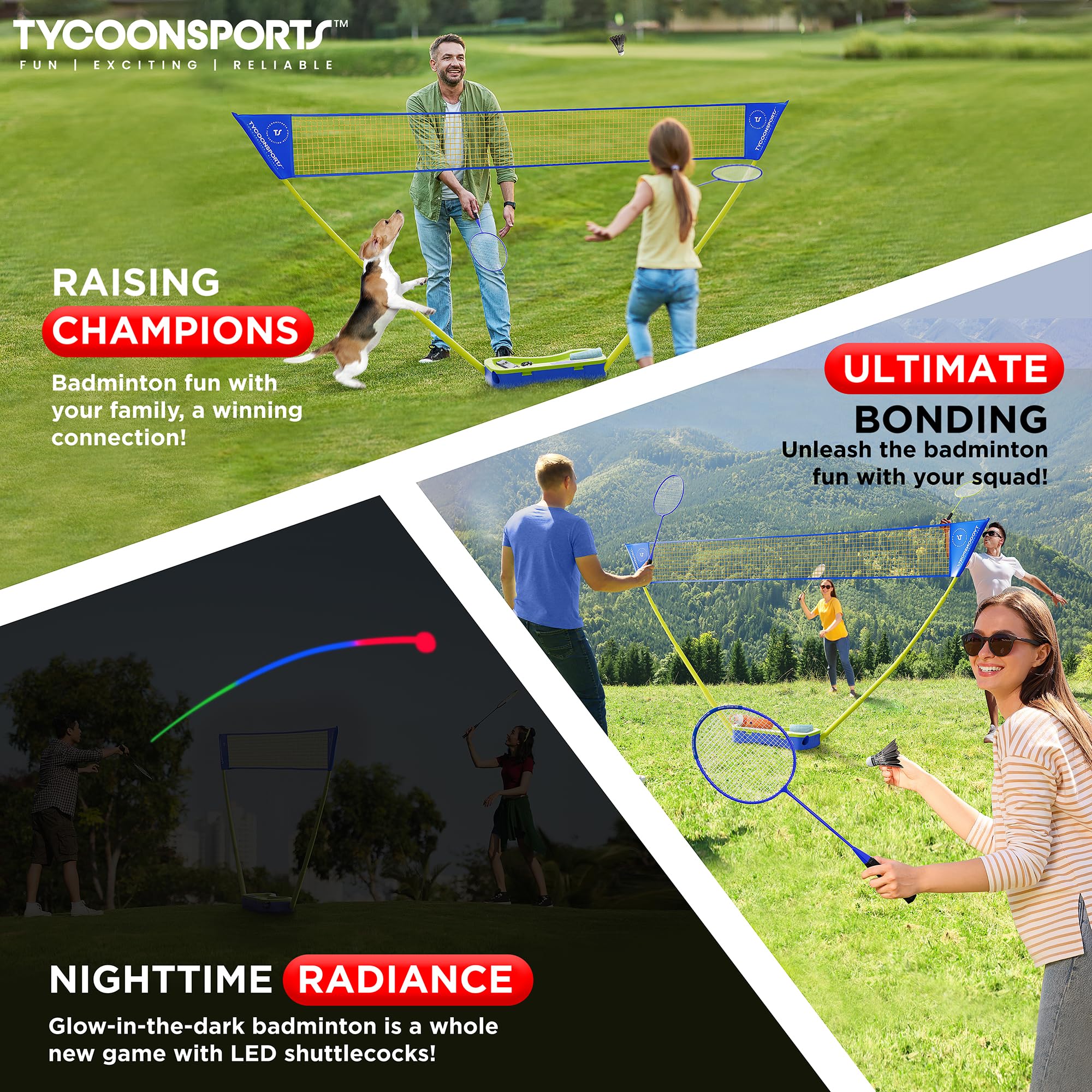Complete Badminton Set | Portable Badminton Net with Stand 10 x 5 | 4 Badminton Rackets | 4 Over-Grips | 4 Racket Protectors | 8 Badminton Birdies (4 LED & 4 Goose-Feather) | 1 Hard Carry Case
