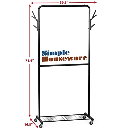 Simple Houseware Double Rod Garment Rack With Wheels and Hooks, Black
