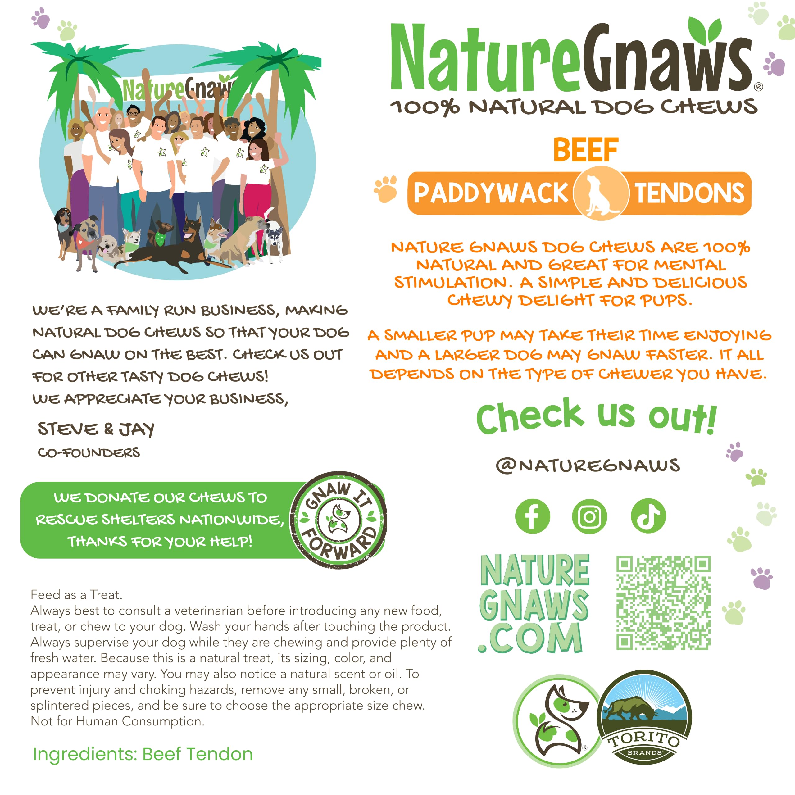 Nature Gnaws Beef Paddywack Tendons for Dogs 5-6" (10 Count) - Long Lasting for Aggressive Chewers - Natural Beef Dog Chew Bones - Rawhide Free