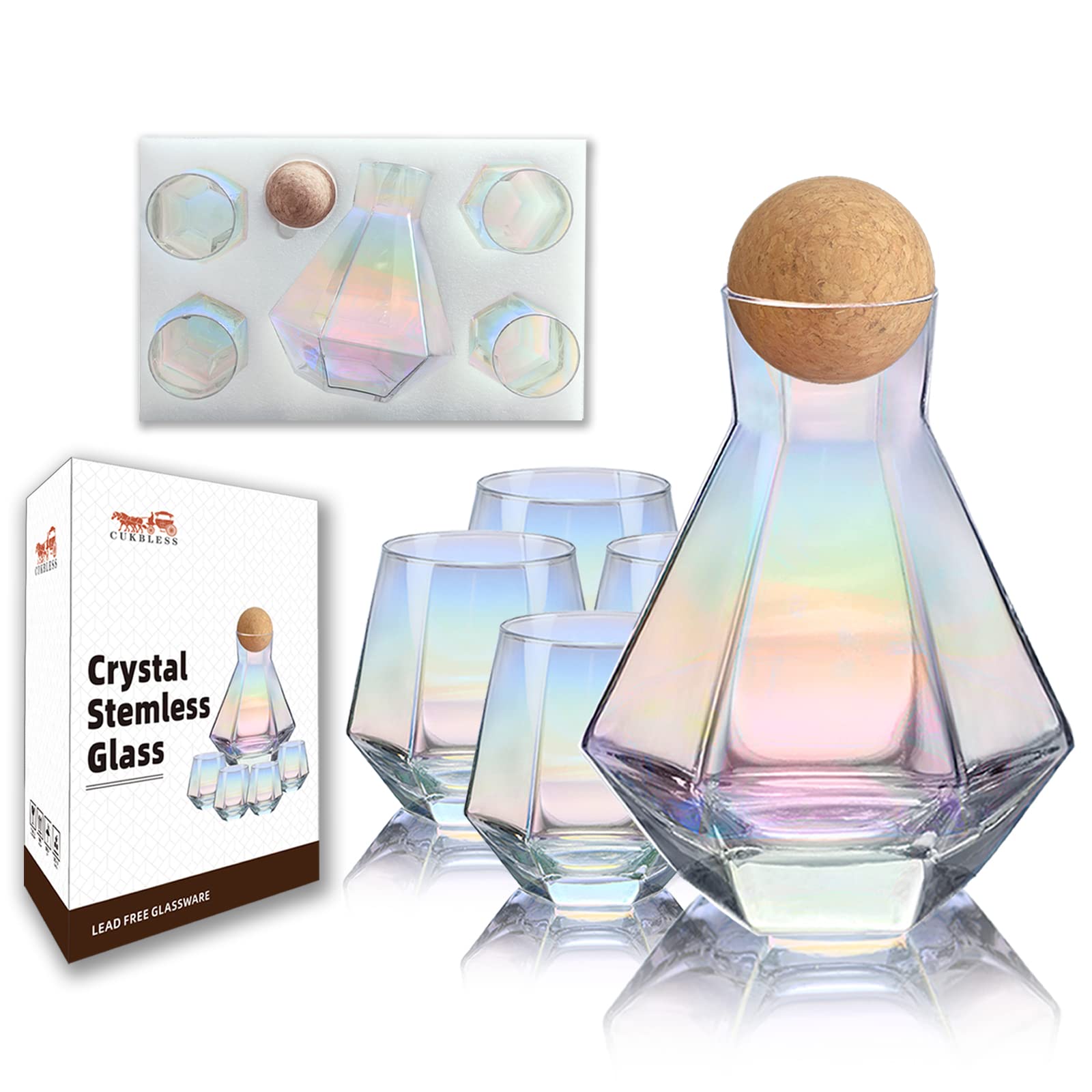 CUKBLESS Iridescent Glassware Set, 6 Drinking Glasses for Water, Juice, and Beverages, and 4 Wine Glasses with 1 Diamond-Shaped Wine Decanter, Perfect for New Home or Housewarming Gifts