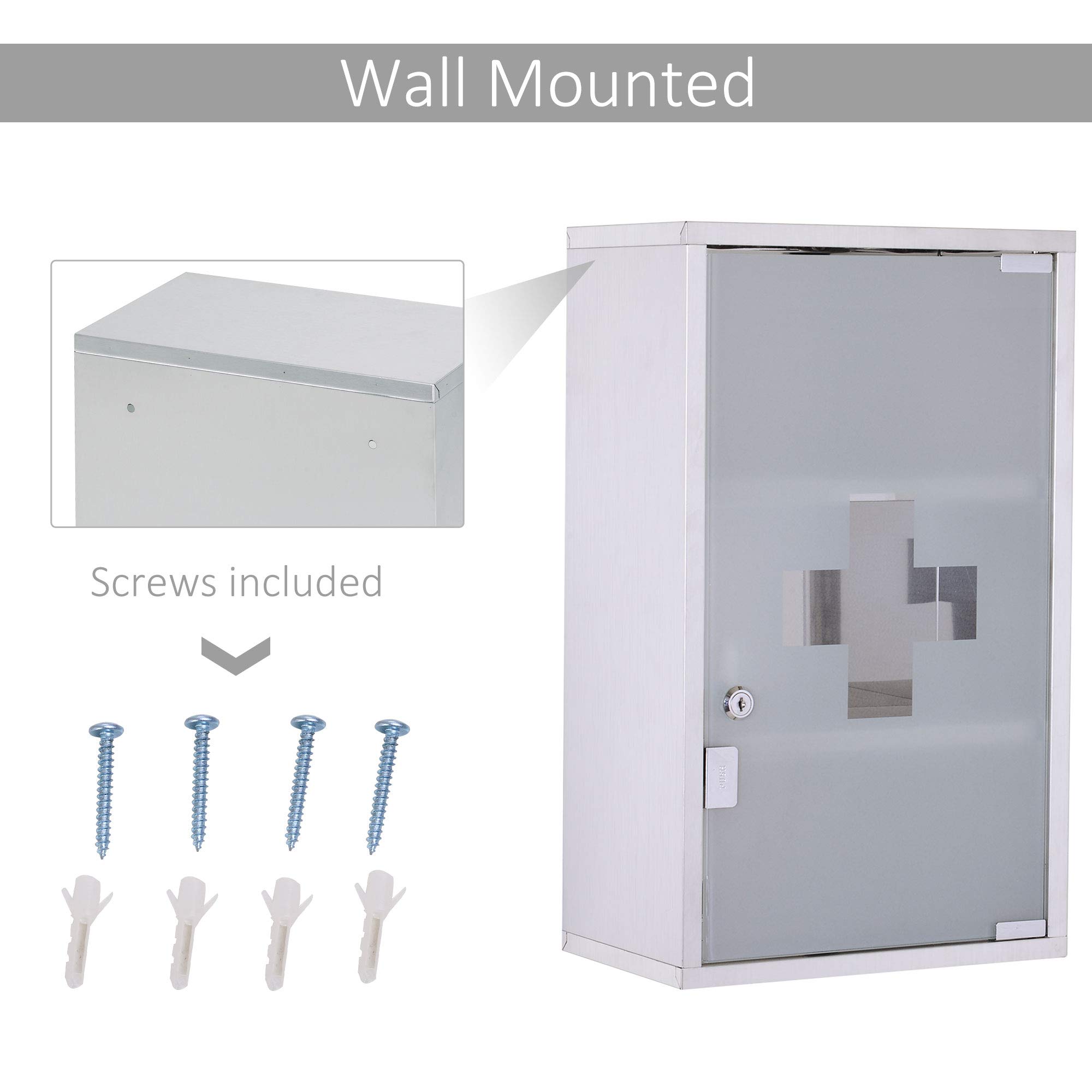 HOMCOM Wall Mounted Medicine Cabinet, Locking Wall Cabinet with 4 Tier Shelves, Stainless Steel Frame and Glass Door, Lockable with 2 Keys, Silver, 12" x 24"