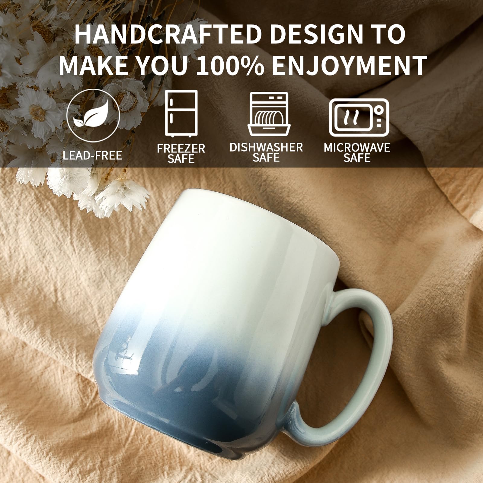 Hasense Ceramic Coffee Mugs Set of 4, Stoneware 15 oz Coffee Cups, Tea Mug with Large Handle for Coffee, Latte, Milk and Mocha, Birthday Gift, Dishwasher & Microwave Safe, Gradient Light Blue