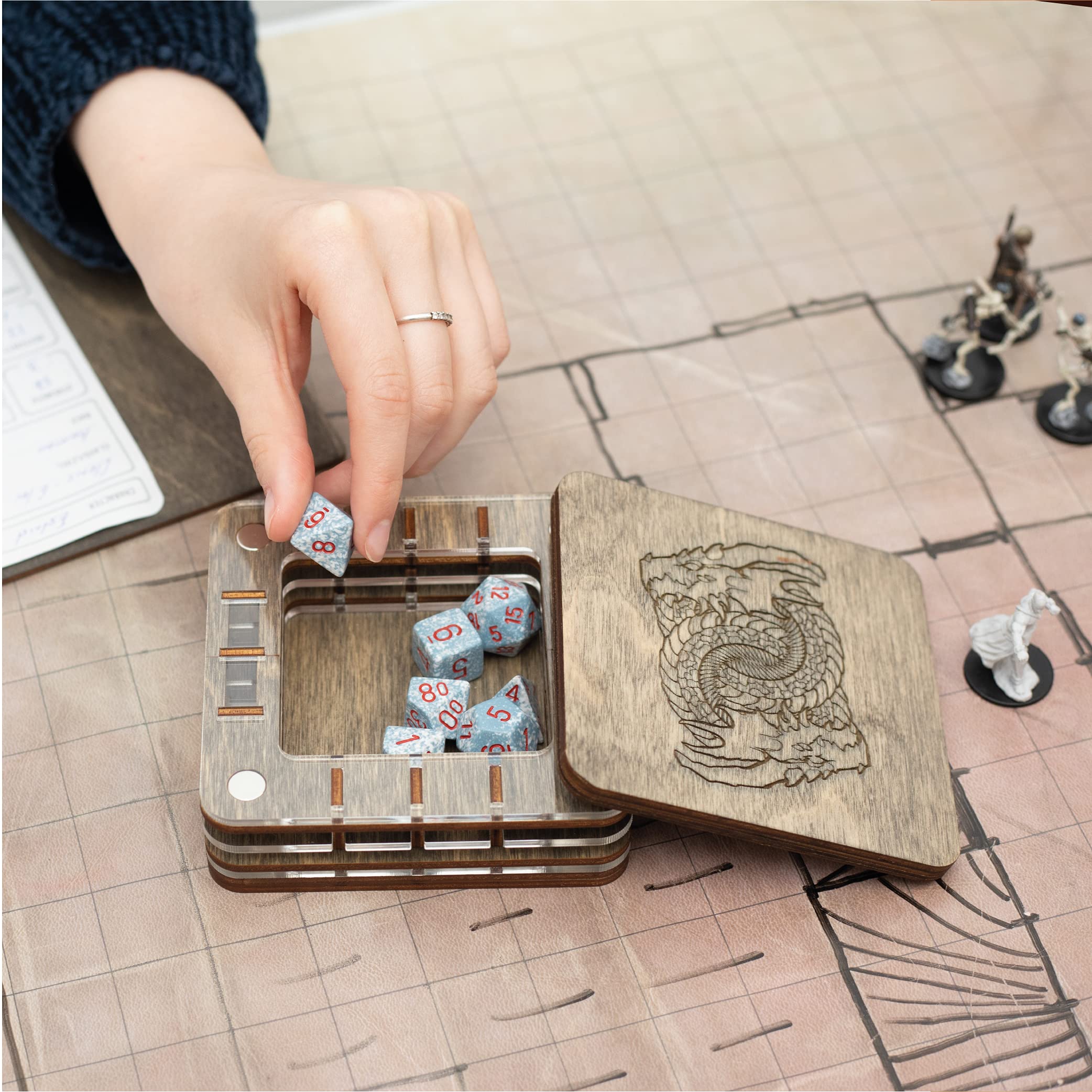 SMONEX Dice Box - Dice Storage Box with Magnetic Lid Suitable for Dungeons and Dragons - Engraved Wooden Box Ideal as DND Gifts and Gifts for Other RPG