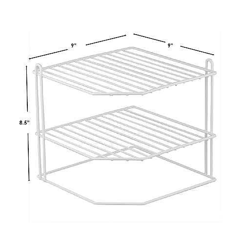 Home Basics Corner Rack, White, Vinyl Coated Steel, Rust Resistant, 2-Tier Shelf, Keeps Spices and Cups Organized, 9x9x8.5in