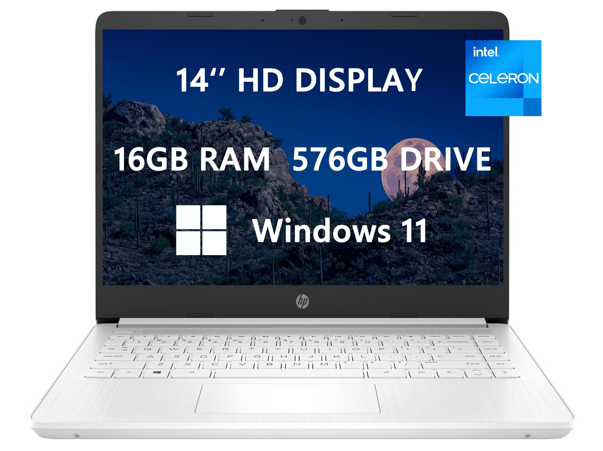 HP 14 HD Laptop, 2023 Newest Upgrade, Intel Intel Celeron N4120(4-core), 16GB RAM, 576GB(64GB SSD+512GB Card), Webcam, Bluetooth, USB-C, White, Windows 11, School and Business Ready, ROKC HDMI Cable