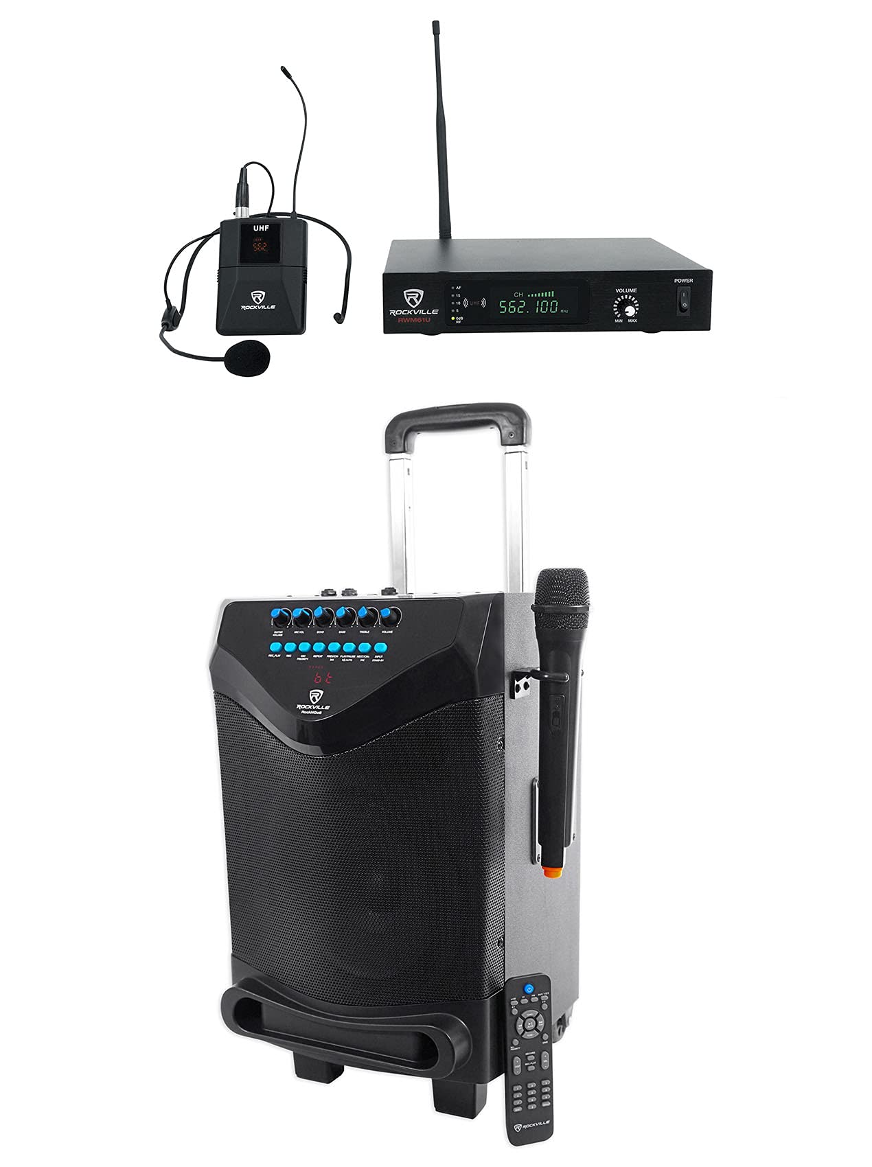 Rockville ROCKnGo 8" Rechargeable PA Speaker w/Bluetooth+Headset+Wireless Mic