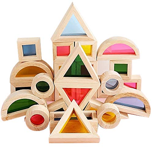 Wooden Building Blocks Set for Kids Geometry Sensory Rainbow Stacking Game Construction Toys Colorful Kaleidoscope Assembling Blocks Gift for Preschool Learning Educational Toys for Toddlers 24 pcs