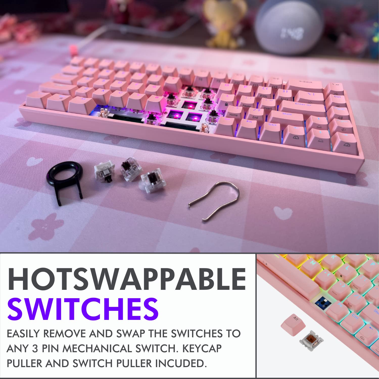 Tilted Nation 65% Percent Keyboard Pink - Compact Hot Swappable Mechanical Keyboard - Dual Wired or 2.4G Wireless RGB Gaming Keyboard - Rechargeable, 68 Key, Customizable RGB, Brown Switches