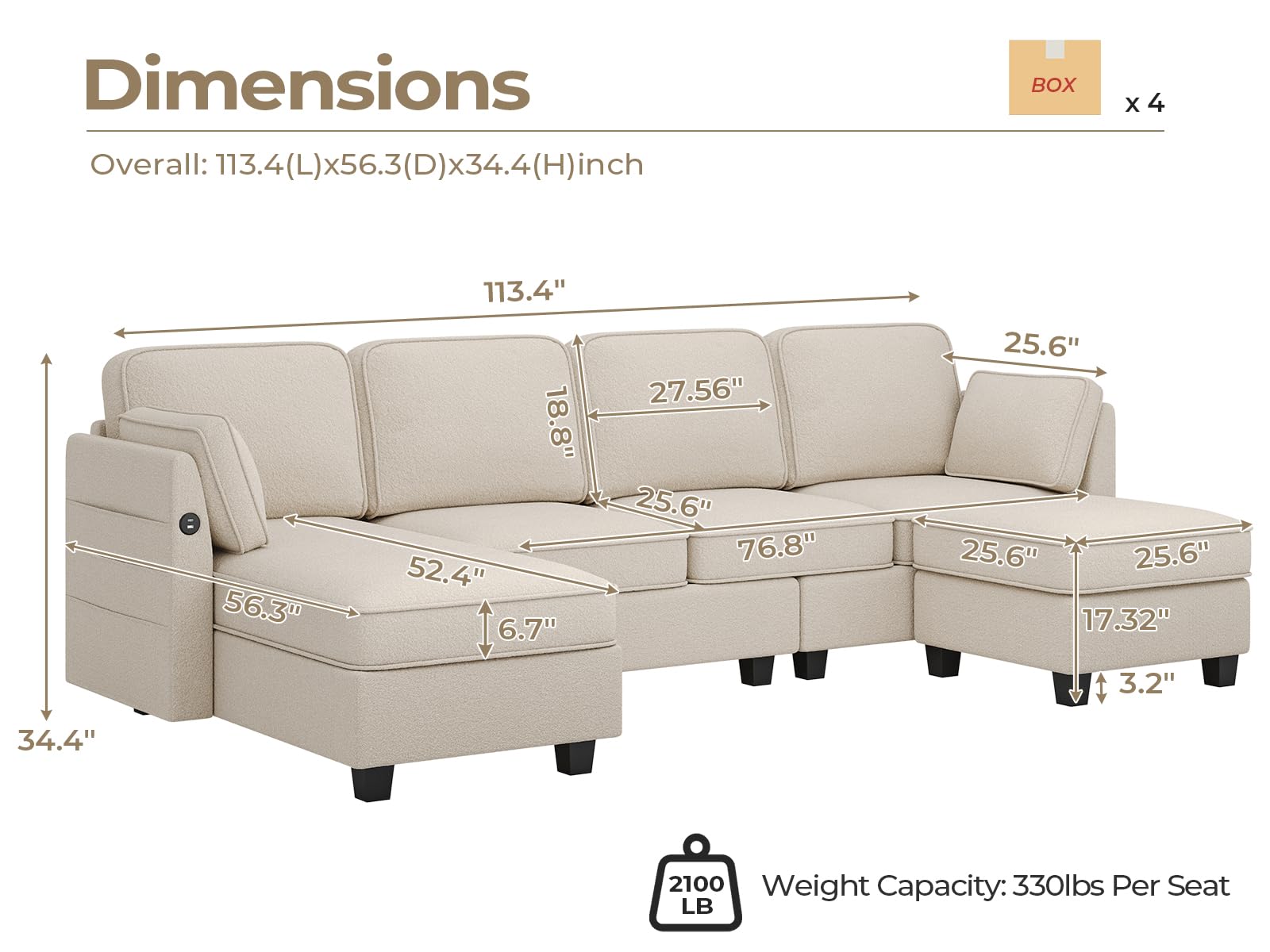 Hasuit 113'' Sectional Sofa with Storage Seats, U Shaped Convertible Sofa Couch with Large Reversible Chaise, Comfy Chenille Sofa with USB Port, Modular Sectional Sofa Couches for Living Room, Beige