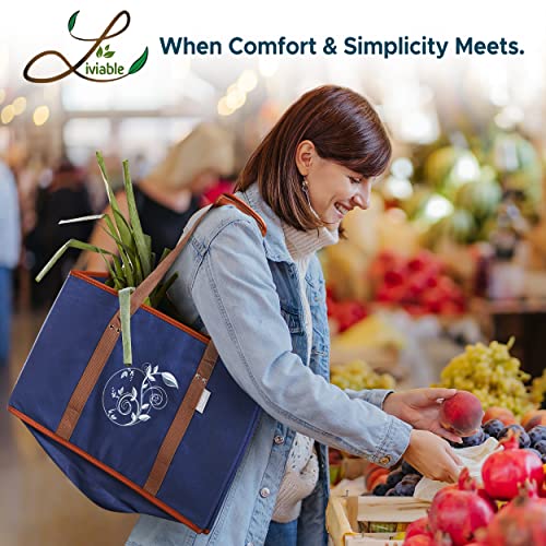 Liviable Reusable Grocery Shopping Bags, Foldable, Heavy Duty Tote, Box Bags with Long Handles and Solid Bottom, Large - Set of 3, Navy Blue