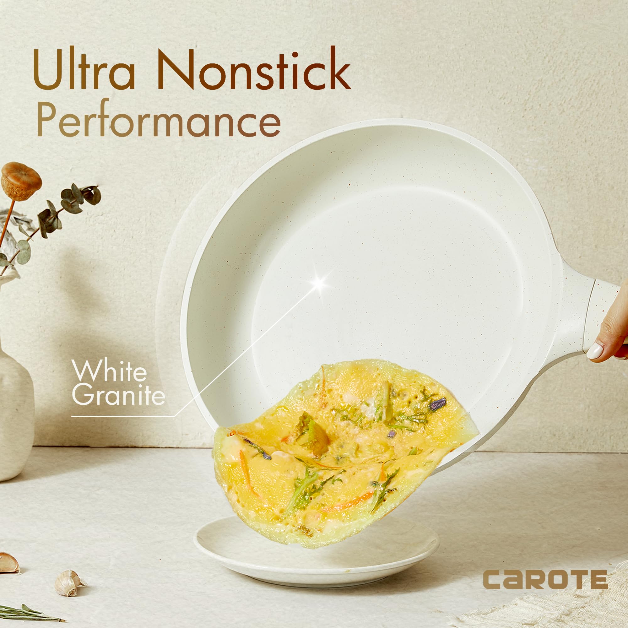 CAROTE Pots and Pans Set, 10 Pcs White Kitchen Induction Cooking Set Non Stick Cookware PFOS, PFOA Free