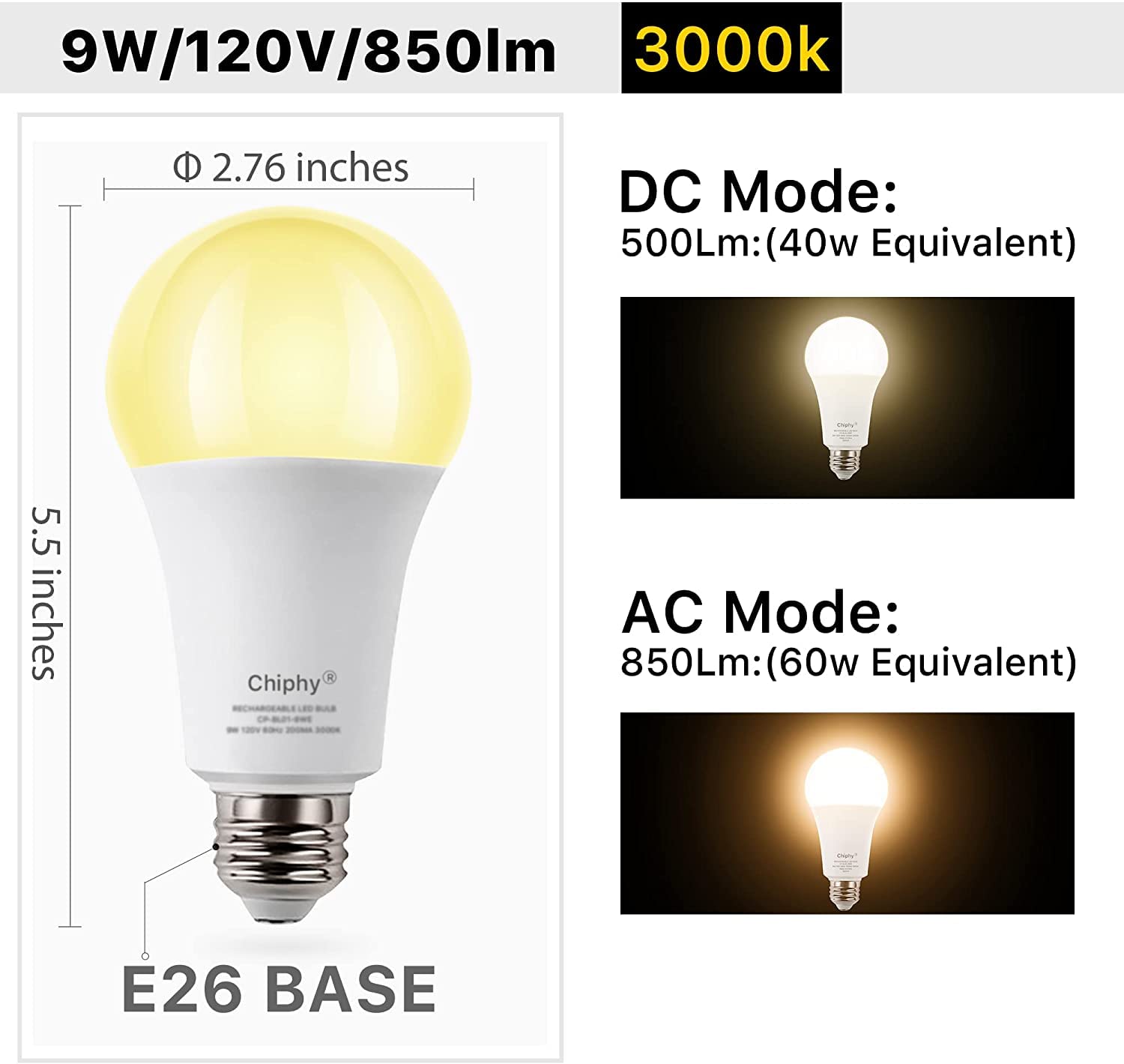 chiphy Rechargeable Emergency LED Bulbs, E26 Emergency Backup Light for Power Outage,2-Pack, 5000K, 850Lumens, 60W Equivalent,2000mAh Lithium Battery, 4 Hours Working Time