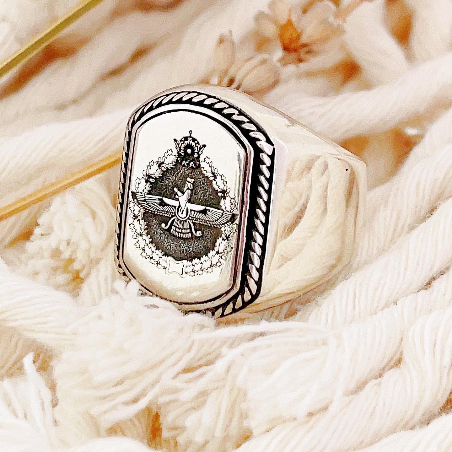 Esmawish Handmade Turkish made Zoroaster Farvahar Emblem Zoroastrian 925K Stamped Sterling Silver Men Woman Ring (9)