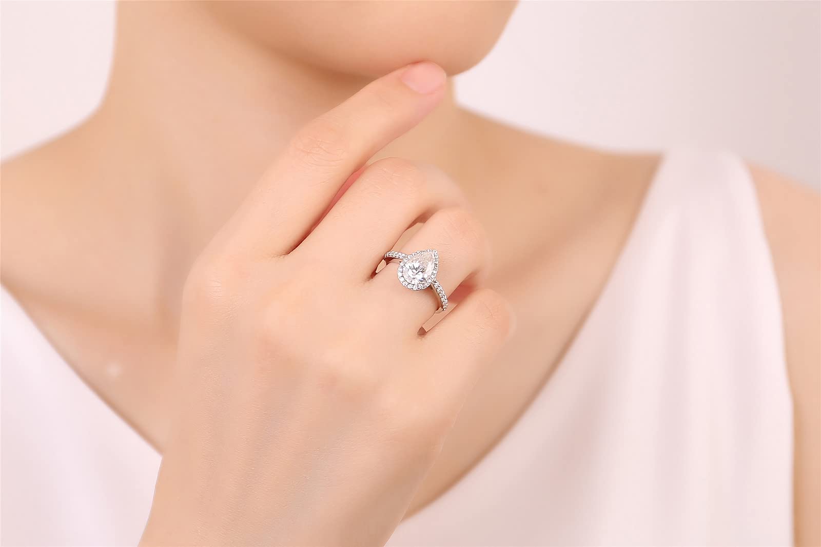 Diamond Jewelry Pear Shape Center Moissanite G-H Color 0.50CT 6MM Wedding Engagement Sterling Silver Ring With Accents For Women (6)