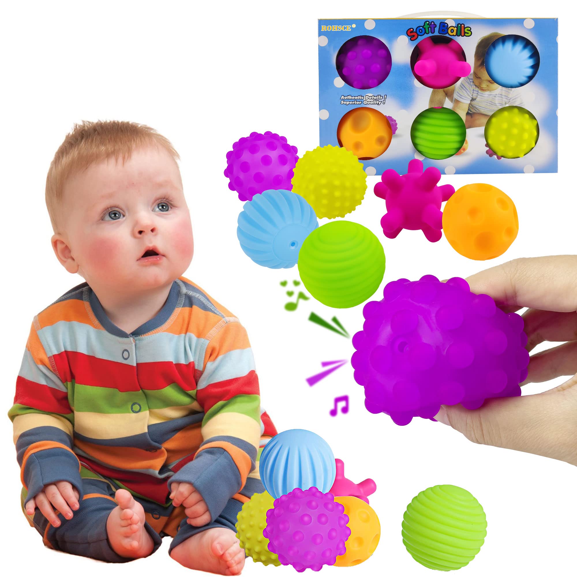 ROHSCE Baby Textured Multi Ball Set, 6pcs Colorful & Bright Child Touch Hand Ball Toy Infant Sensory Balls Massage Soft Ball, 6-12 Months Baby Learning Grasping Soft Sensory Toys for Kids Gift