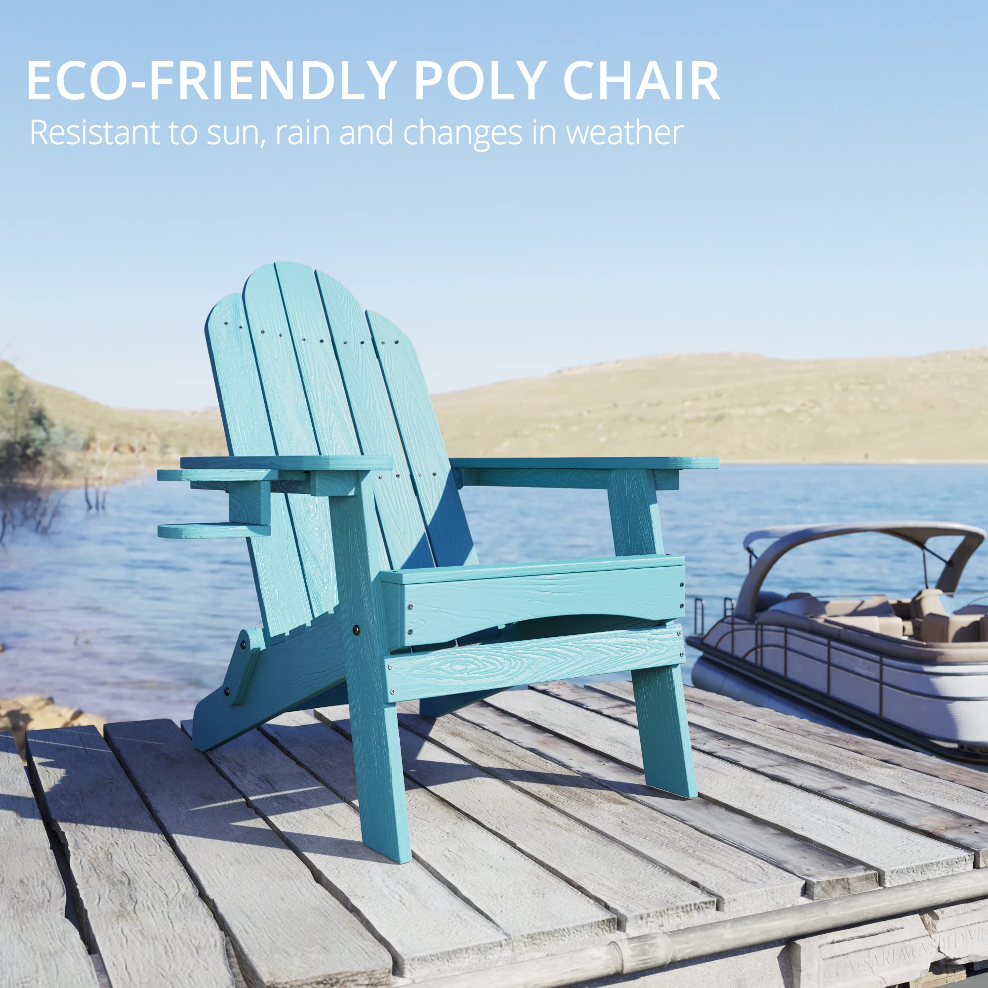 LUE BONA Folding Adirondack Chair Set of 4, Blue Turquoise HDPS Fire Pit Patio Chairs Weather Resistant, Modern Plastic Outdoor Chairs with Cup Holder