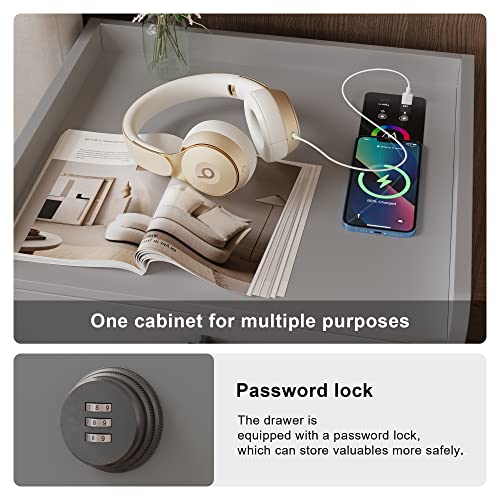 Dytler RGB Smart Nightstand, with Wireless Charging Station and USB Port, Modern Bedside Table, Bedroom LED Night Stand, 2 Drawers, Lockable, Home Office end Side Cabinet(Grey)