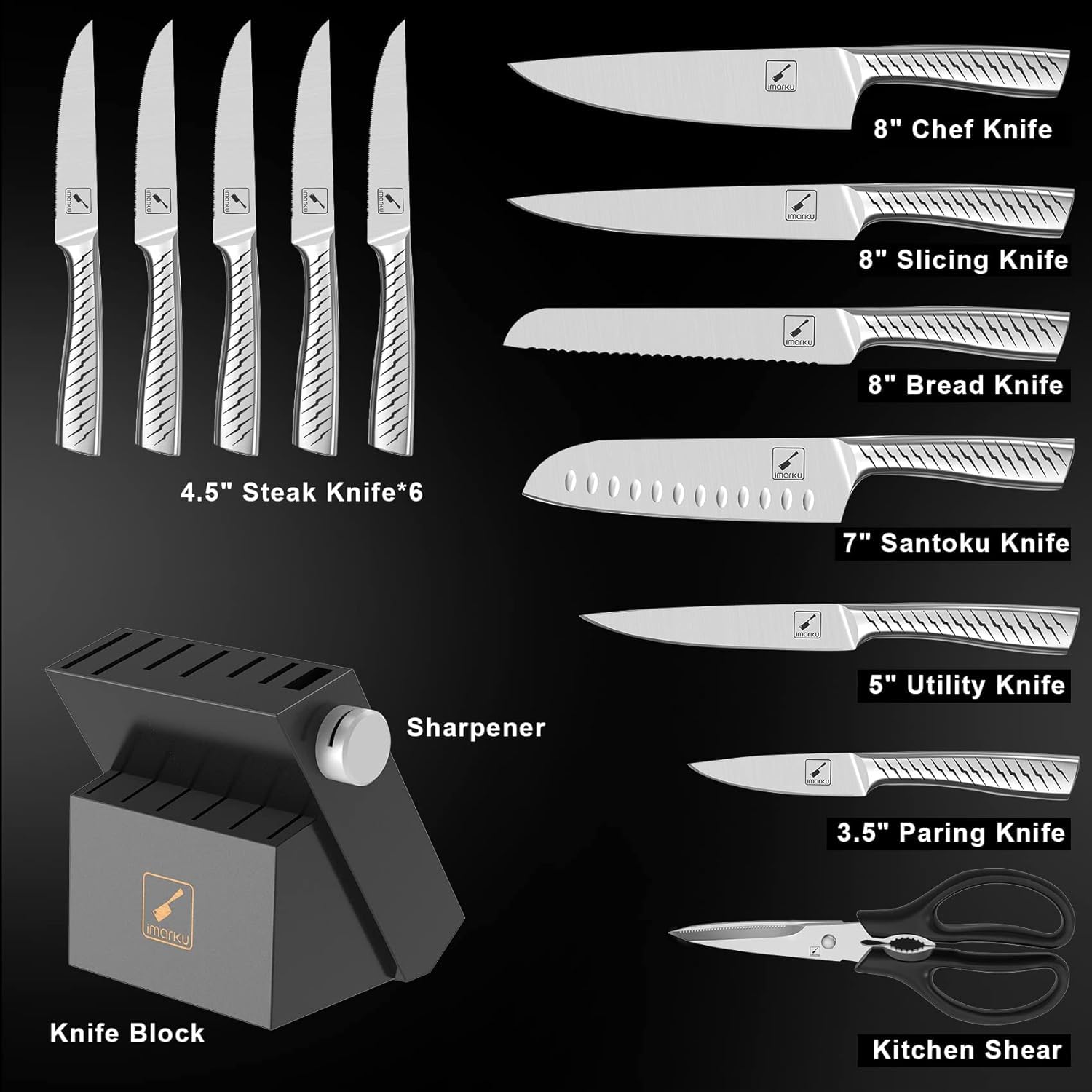 imarku Knife Set,14-Piece Knife Sets for kitchen with block,Premium One-Piece Kitchen Knife Set with Sharpener,High Carbon Stainless Steel Knives Set for Kitchen,Dishwasher Safe,Black