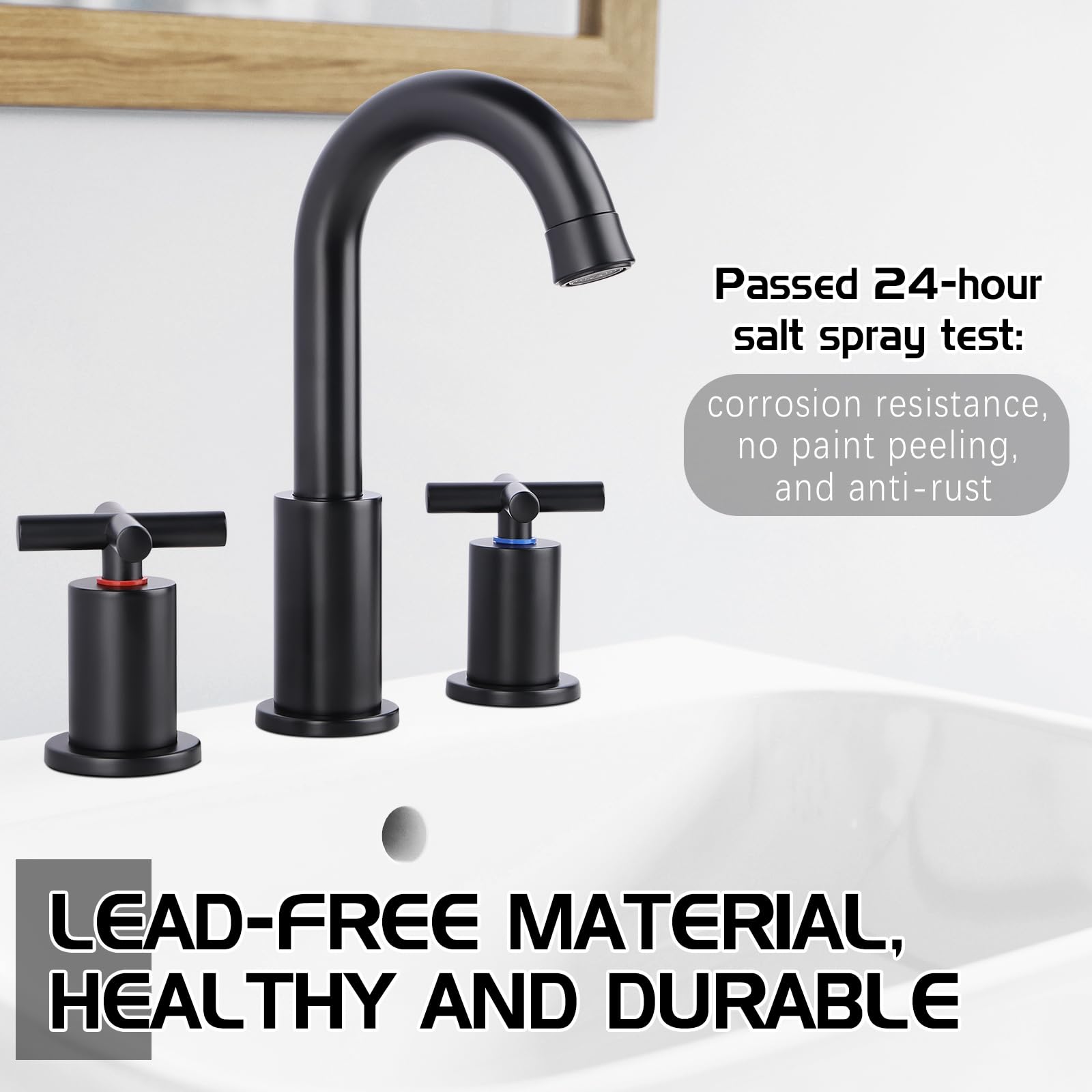GXCROR Bathroom Faucets for Sink 3 Hole,2-Handle 8 inch Widespread Bathroom Sink Faucet with Pop Up Drain and Faucet Supply Hoses, Matte Black Basin Faucet Mixer Taps