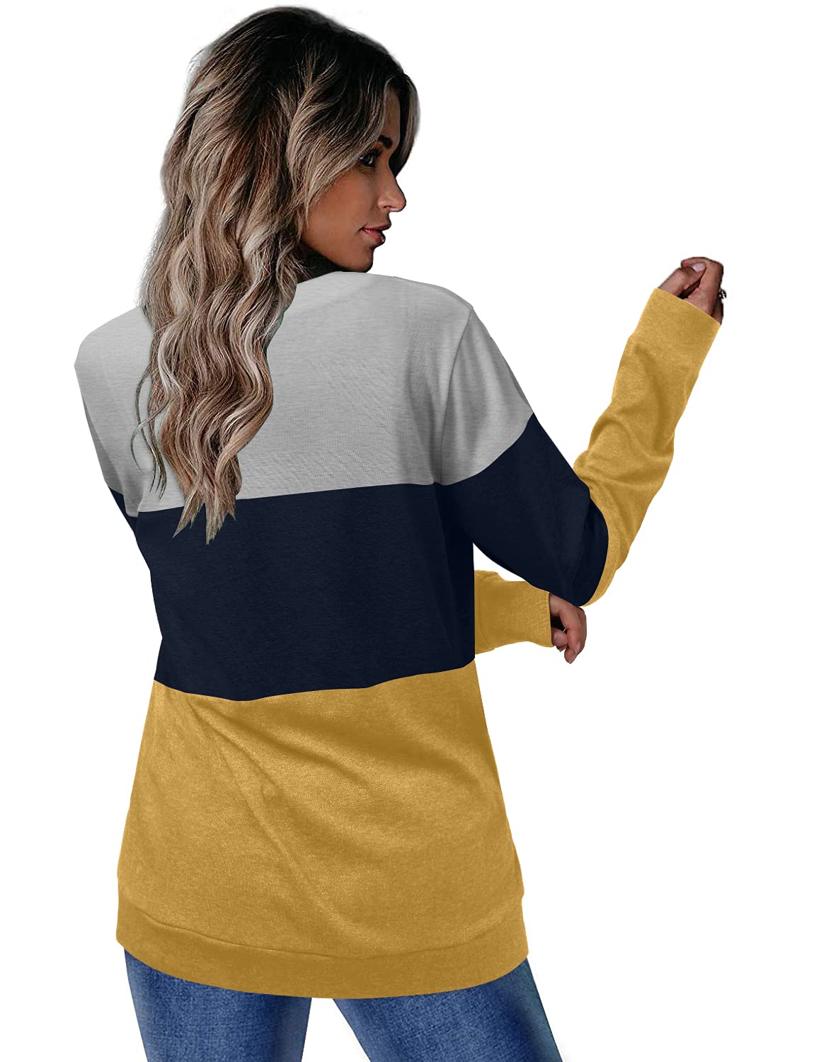 CRAZY GRID Ladies Long Sleeve Tops Pullover Color Block Casual Sweatshirts Comfy Lounge Blouse Blue Yellow Medium
