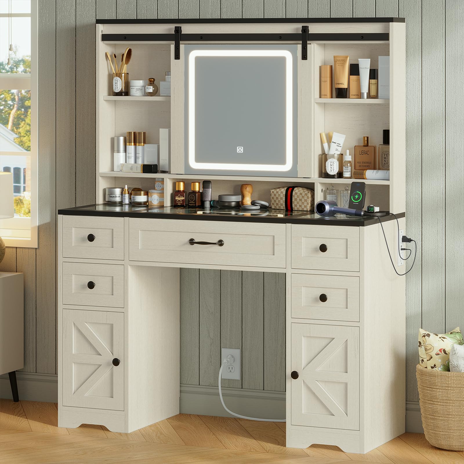 HAUOMS Farmhouse Makeup Vanity Desk with Sliding Lighted Mirror, Glass Top Vanity Desk with Power Outlet, Rustic Vanity Set, Antique White