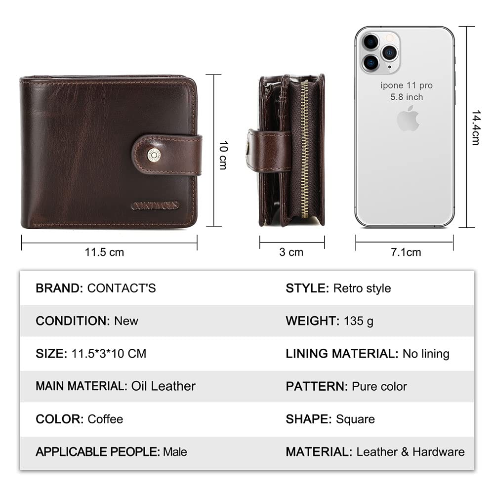 Contacts Mens Bifold Wallet Leather, Minimalist Leather Card Purse for Men Coin Zipper Pocket RFID Blocking Trifold Wallet with ID Window