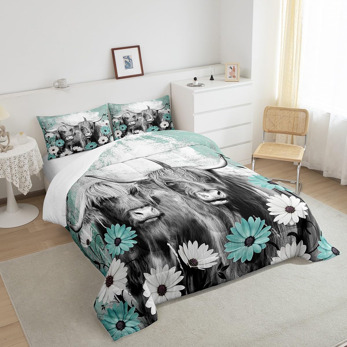 Highland Cow Bedding Comforter Sets Cowboys Gift for Men Boys, Bull Cattle Wildlife Bedding Set Western Farmhouse Comforter Set, Daisy Rustic Flowers Quilt Teal Graffiti Ombre Art Duvet Insert Queen