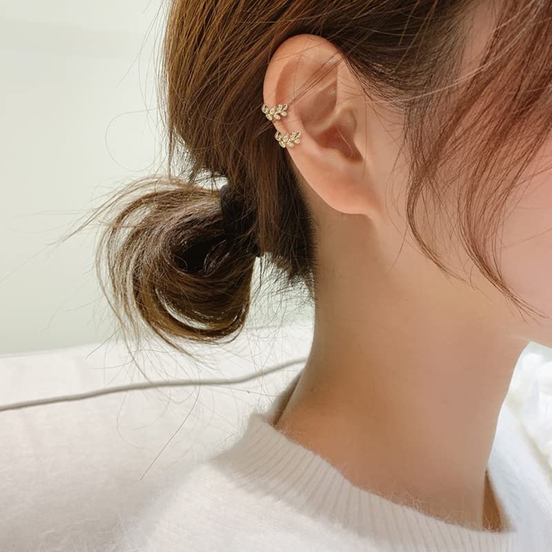 Diamond-Set Twig Sweet White Gold Ear Clips, Leaves White Gold Earrings Without Ear Holes White Gold Earrings