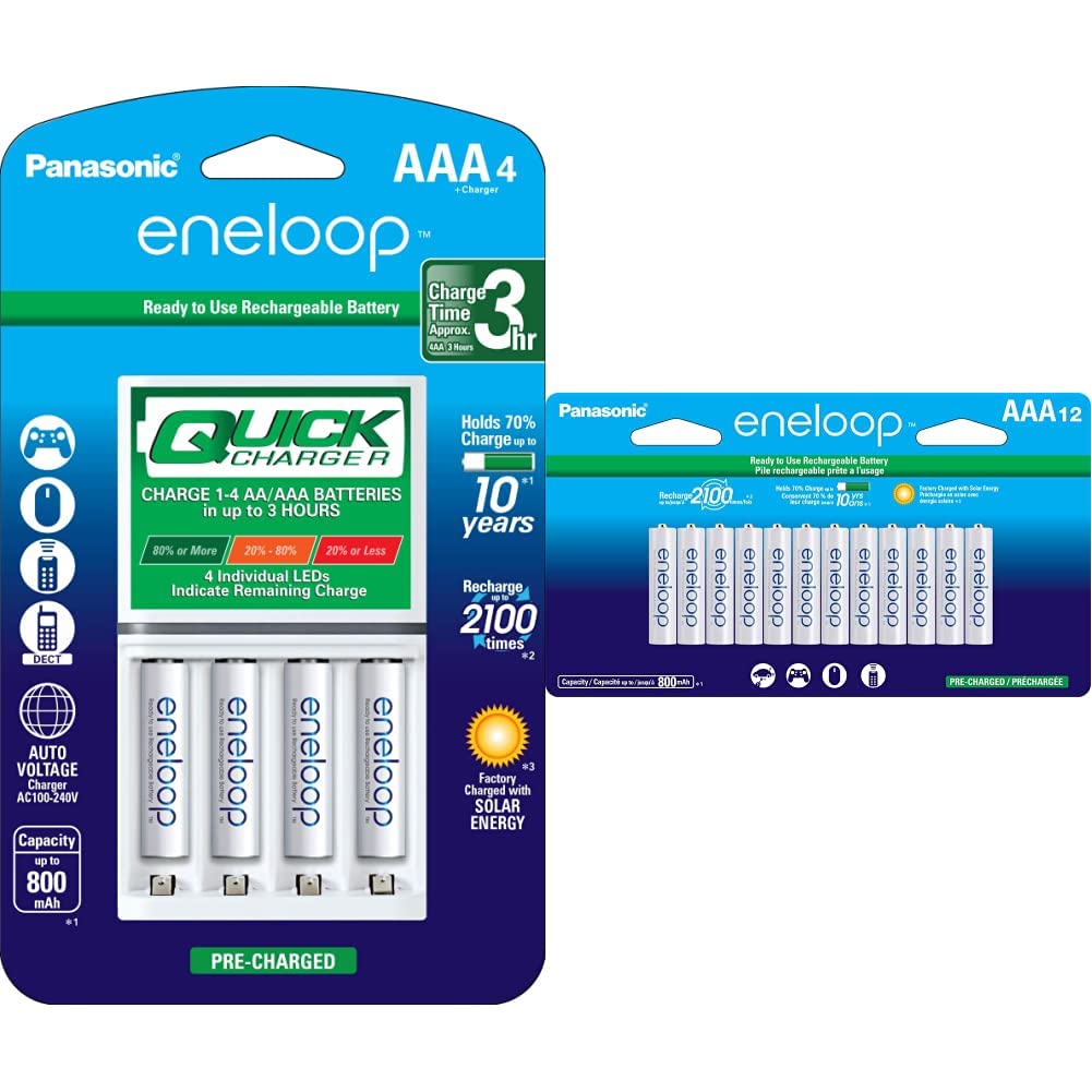 Eneloop Panasonic Rechargeable Battery Bundle with Advanced Individual 3 Hour Quick Charger (4 AAA Batteries) + 12 AAA Batteries Pack