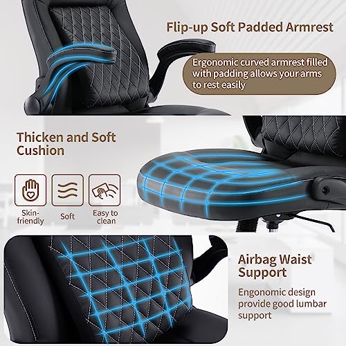 chizzysit Ergonomic Executive Office Chair with Airbag Lumbar Support,Comfortable Leather Office Desk Chair with Flip-up Arms,Computer Desk Chairs with Wheels,Home Office Desk Chairs