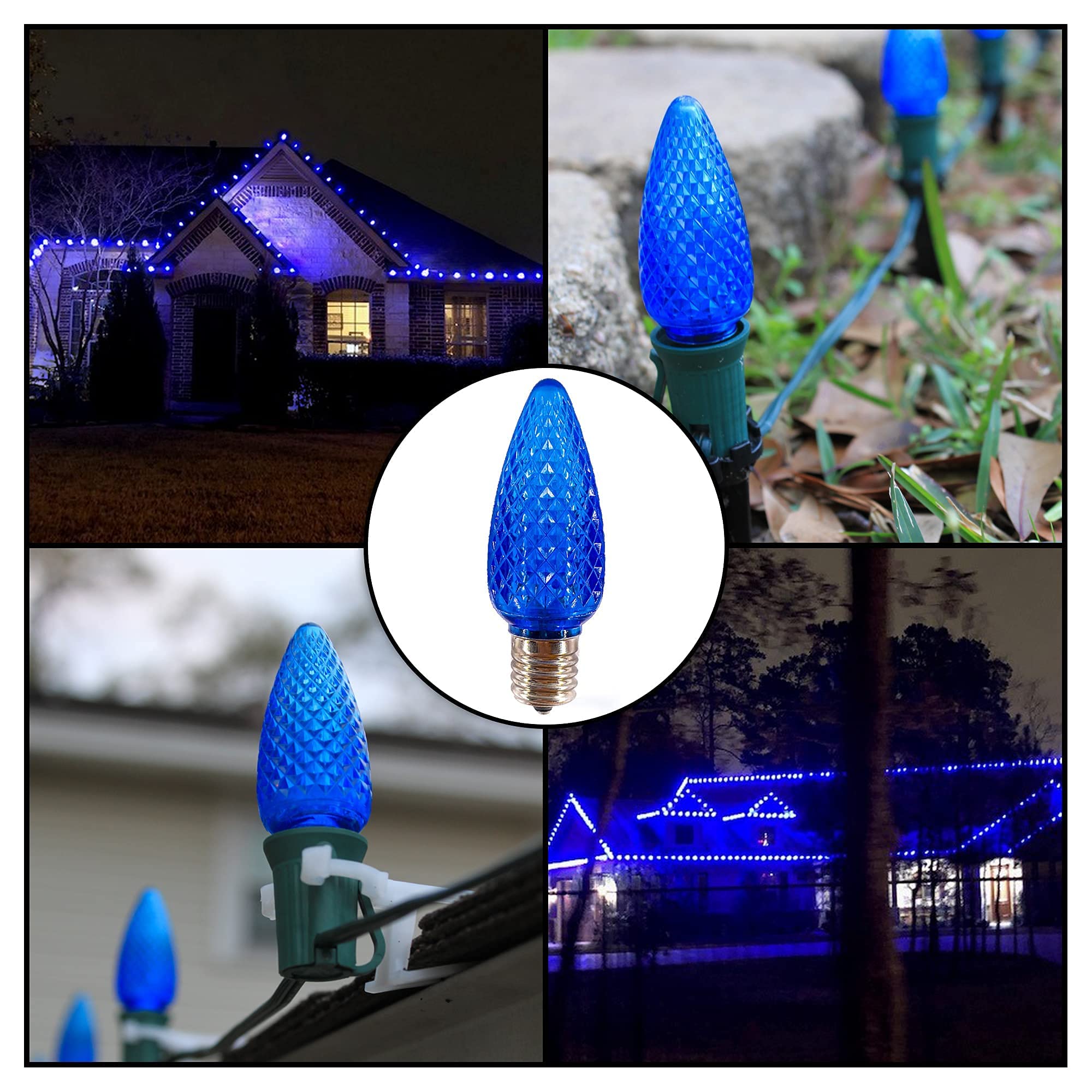 C9 LED Replacement Bulb by MIK Solutions (Pack of 25) LED Blue Replacement Christmas Light Bulbs Faceted Retrofit Candle Shape Commercial Grade E17 Socket Roof Lights Bulbs